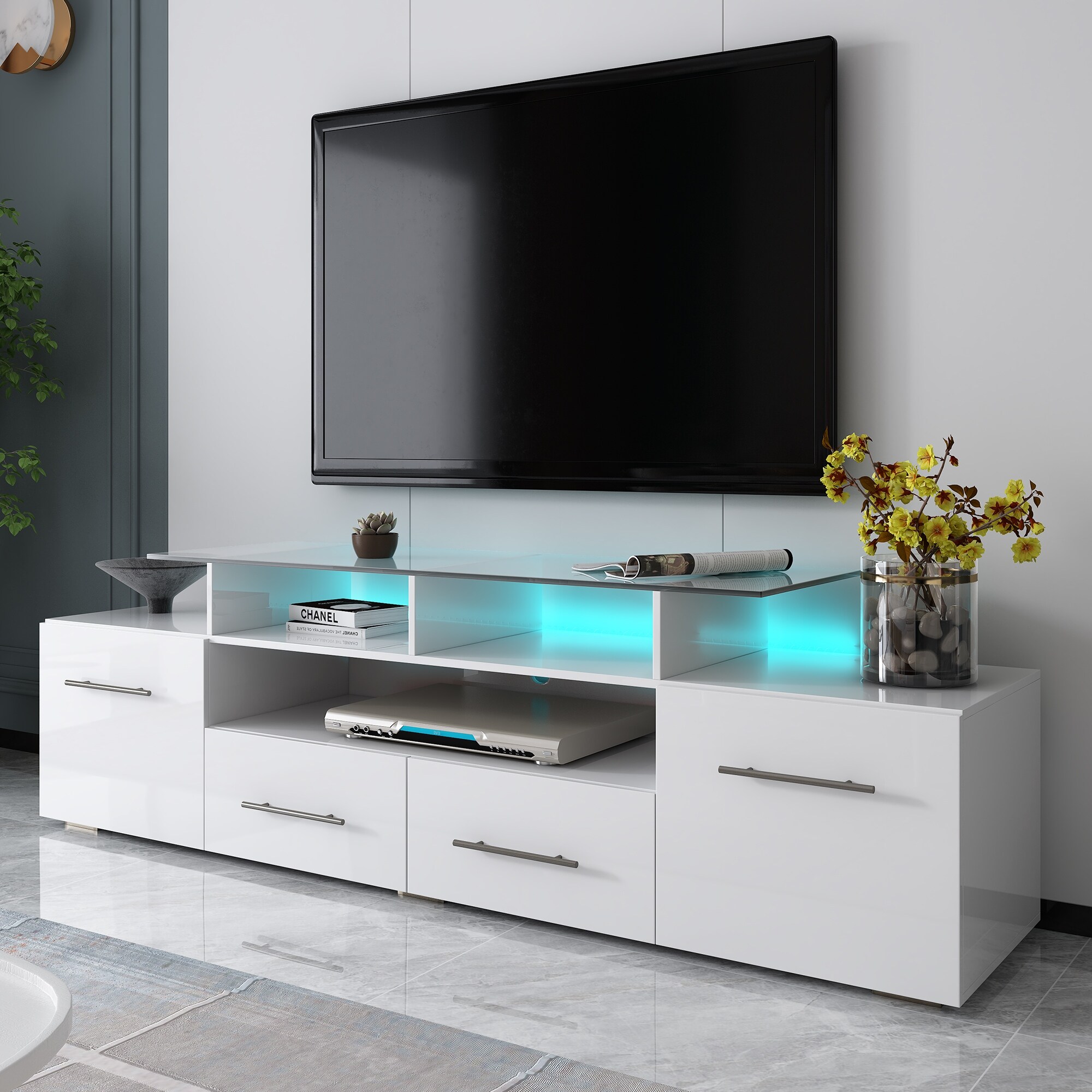 Modern Functional TV stand with Color Changing LED Lights Entertainment Center High Gloss TV Cabinet for 70 inch TV White Bed Bath Beyond 38943661